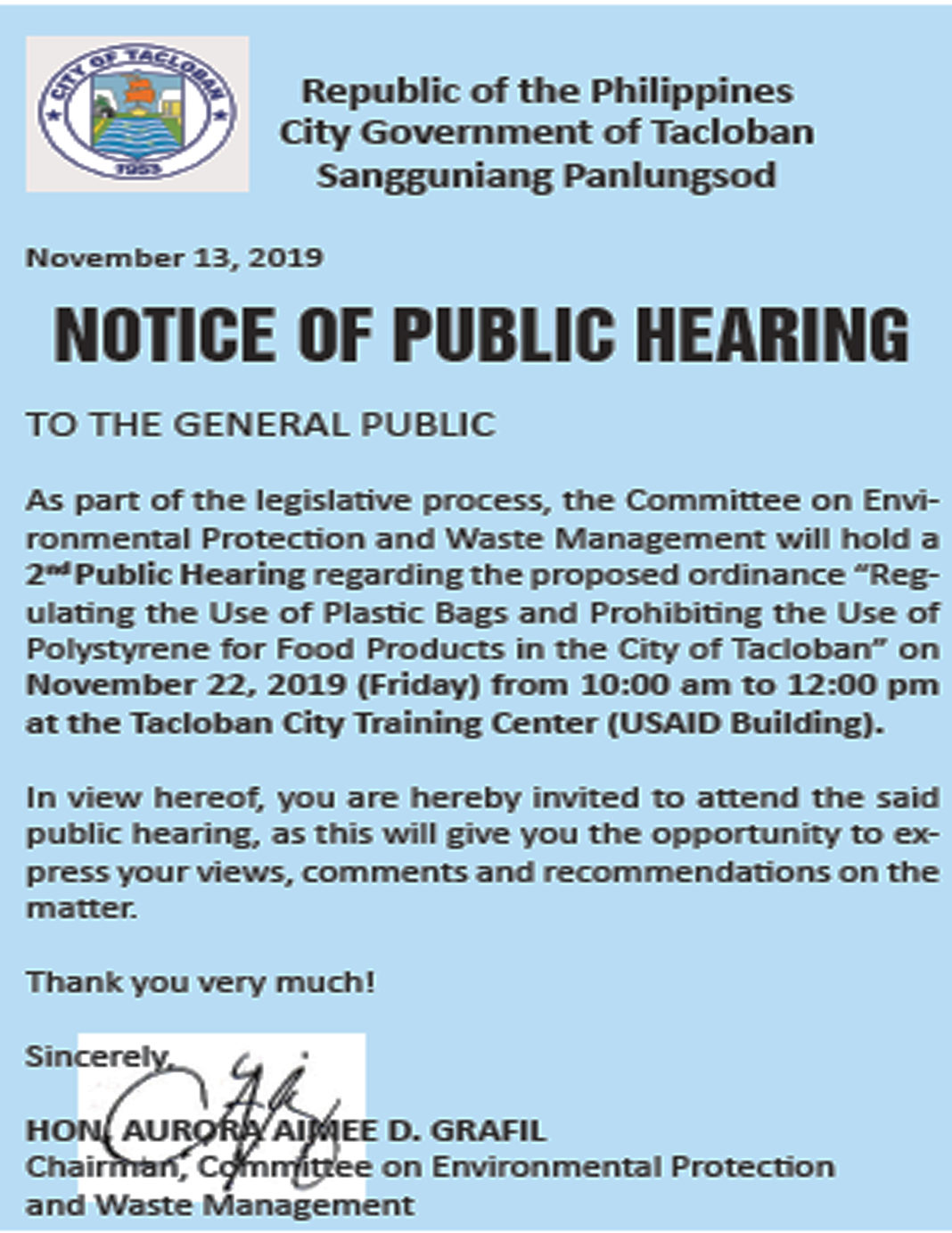 NOTICE OF PUBLIC HEARING - Leyte Samar Daily News